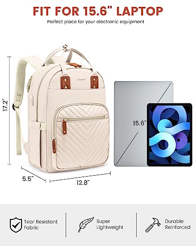 LOVEVOOK Quilted Backpack for Women, 15.6 Inch Computer Bag, Stylish Travel Backpack Purse Notebook with USB Port Waterproof Casual Daypack Large Bags for Daily Work, Beige