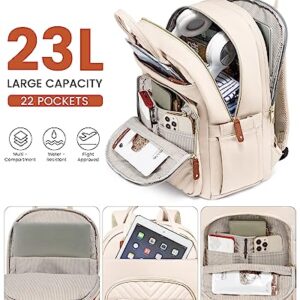 LOVEVOOK Quilted Backpack for Women, 15.6 Inch Computer Bag, Stylish Travel Backpack Purse Notebook with USB Port Waterproof Casual Daypack Large Bags for Daily Work, Beige