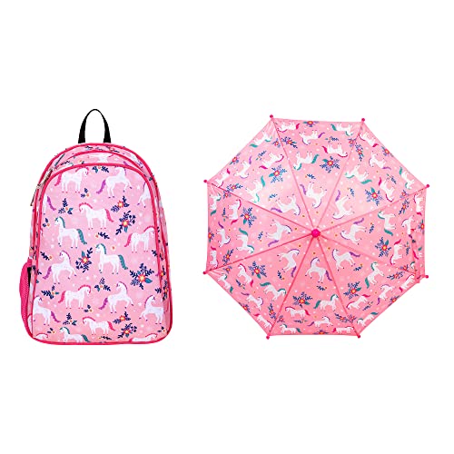 Wildkin Kids 15 Inch Backpack and Umbrella Bundle for On-The-Go Comfort (Magical Unicorns)