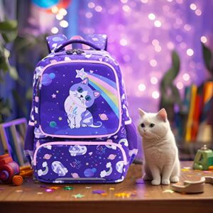 Moonmo Backpack for kids Backpack for Elementary Students, Waterproof Large Capacity School Bag Light Weight Backpack Primary School Backpack for girls (Purple cat)