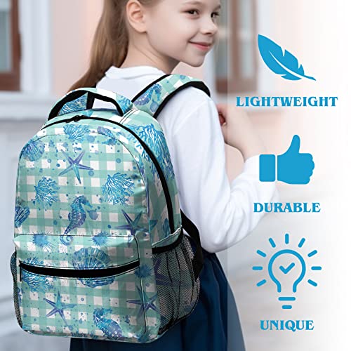 Dacawin Kids Ocean Backpack Blue School Backpacks Ocean Starfish Scallop Bookbag Blue Plaid School Bag Lightweight Casual Daypack Backpacks with Chest Strap