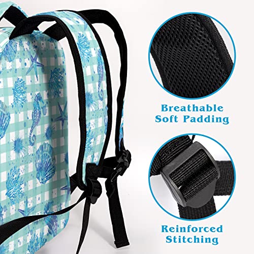 Dacawin Kids Ocean Backpack Blue School Backpacks Ocean Starfish Scallop Bookbag Blue Plaid School Bag Lightweight Casual Daypack Backpacks with Chest Strap