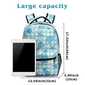 Dacawin Kids Ocean Backpack Blue School Backpacks Ocean Starfish Scallop Bookbag Blue Plaid School Bag Lightweight Casual Daypack Backpacks with Chest Strap