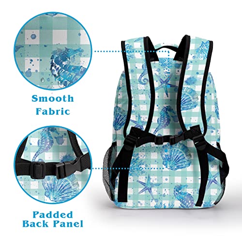 Dacawin Kids Ocean Backpack Blue School Backpacks Ocean Starfish Scallop Bookbag Blue Plaid School Bag Lightweight Casual Daypack Backpacks with Chest Strap