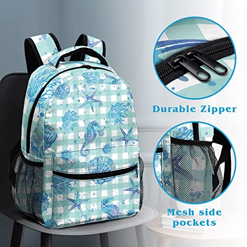 Dacawin Kids Ocean Backpack Blue School Backpacks Ocean Starfish Scallop Bookbag Blue Plaid School Bag Lightweight Casual Daypack Backpacks with Chest Strap