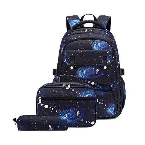 Mildame Galaxy Backpack for Boys with Lunch Box Set, 3Pcs Boys Bookbag for Elementary, 3 in 1 Teens Space Printed School Bag