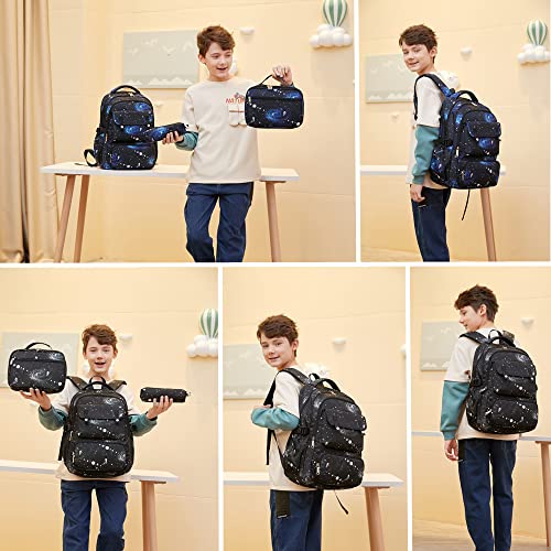 Mildame Galaxy Backpack for Boys with Lunch Box Set, 3Pcs Boys Bookbag for Elementary, 3 in 1 Teens Space Printed School Bag