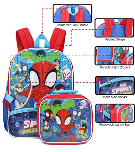 Marvel 16'' Full Size Spidey and His Amazing Friends Backpack Lunchbox Set Bookbag School Set, Blue/Red