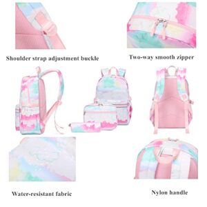 Mildame 3Pcs Tie Dye Backpacks for Girls Elementary Casual Bookbag Set School Backpack for Teens with Lunch Box