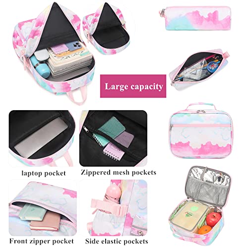 Mildame 3Pcs Tie Dye Backpacks for Girls Elementary Casual Bookbag Set School Backpack for Teens with Lunch Box