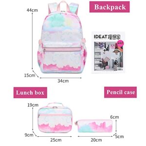 Mildame 3Pcs Tie Dye Backpacks for Girls Elementary Casual Bookbag Set School Backpack for Teens with Lunch Box