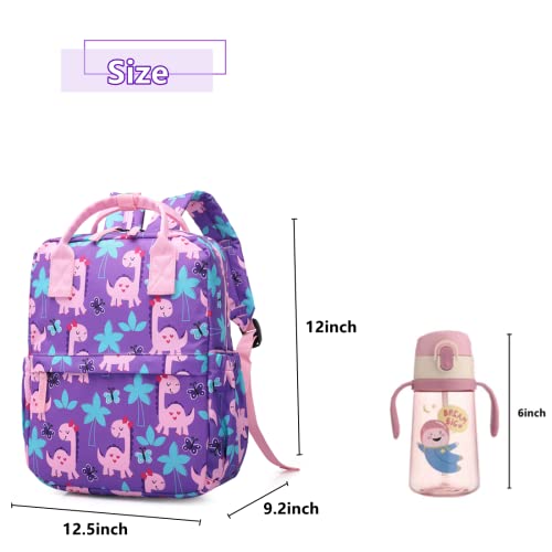 Cute Preschool Backpack Toddler School Book Bag for Girls Boys Kids Kindergarten Nursery Travel Bag with Chest Strap(12inch, Girly Dinosaur)