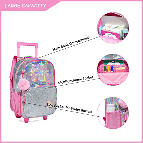 Oruiji Pink Rolling Backpack for Girls Backpack with Wheels Kids Wheeled School Backpack for Girls 8-12 Students Bookbag Roller Luggage Suitcase