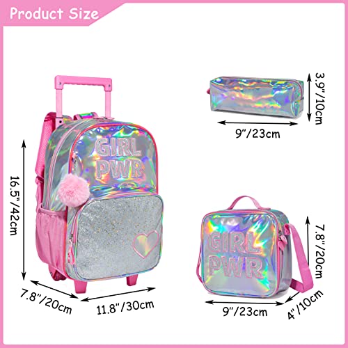 Oruiji Pink Rolling Backpack for Girls Backpack with Wheels Kids Wheeled School Backpack for Girls 8-12 Students Bookbag Roller Luggage Suitcase