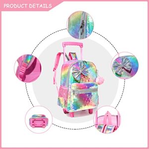 Oruiji Sequin Rolling Backpack for Girls Backpack with Wheels Wheeled Backpack and Lunch Bag Set for Elementary Girls