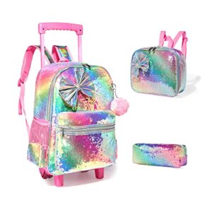 oruiji sequin rolling backpack for girls backpack with wheels wheeled backpack and lunch bag set for elementary girls