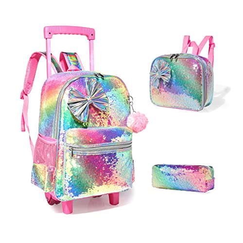 Oruiji Sequin Rolling Backpack for Girls Backpack with Wheels Wheeled Backpack and Lunch Bag Set for Elementary Girls