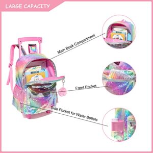 Oruiji Sequin Rolling Backpack for Girls Backpack with Wheels Wheeled Backpack and Lunch Bag Set for Elementary Girls