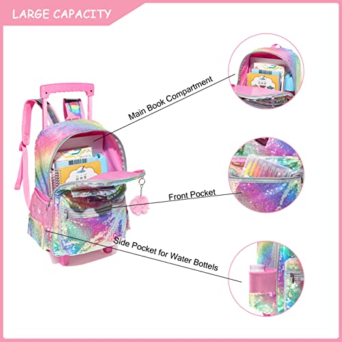 Oruiji Sequin Rolling Backpack for Girls Backpack with Wheels Wheeled Backpack and Lunch Bag Set for Elementary Girls