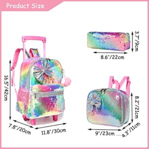 Oruiji Sequin Rolling Backpack for Girls Backpack with Wheels Wheeled Backpack and Lunch Bag Set for Elementary Girls