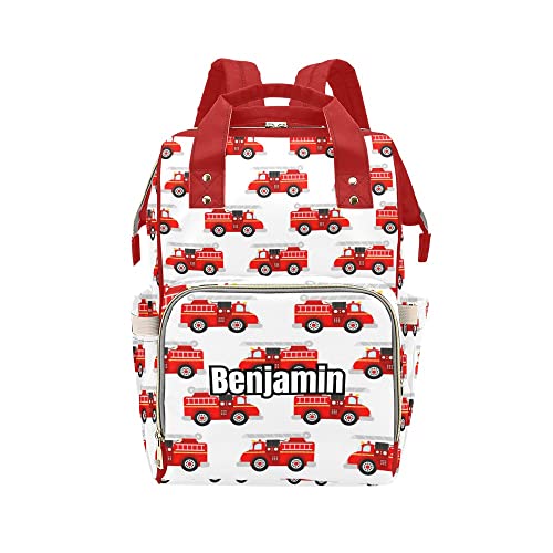 Cartoon Firetruck Pattern Personalized Diaper Bag Backpack Custom with Name Unisex Nursing Large Capacity Mommy Backpack