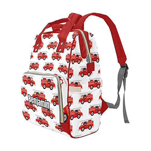 Cartoon Firetruck Pattern Personalized Diaper Bag Backpack Custom with Name Unisex Nursing Large Capacity Mommy Backpack