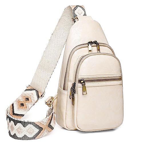 KFXFENQ Sling Bag for Women PU Leather Sling Bags for Women Crossbody Fashion Sling Backpack Multipurpose Chest Bag for Cycling (Beige)