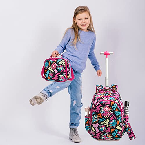 Egchescebo Girls Rolling Backpacks with Wheels 3PCS Feather Backpack Set for School Wheeled Luggage Suitcase Lunch Box Pencil Case Large Capacity Bookbag Adjustable Trolley for Elementary Travel Red