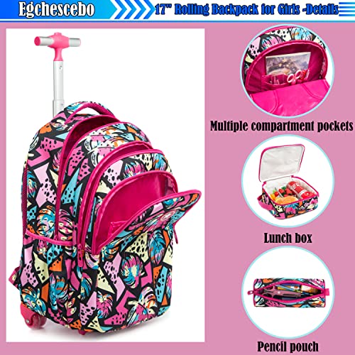 Egchescebo Girls Rolling Backpacks with Wheels 3PCS Feather Backpack Set for School Wheeled Luggage Suitcase Lunch Box Pencil Case Large Capacity Bookbag Adjustable Trolley for Elementary Travel Red