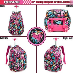 Egchescebo Girls Rolling Backpacks with Wheels 3PCS Feather Backpack Set for School Wheeled Luggage Suitcase Lunch Box Pencil Case Large Capacity Bookbag Adjustable Trolley for Elementary Travel Red