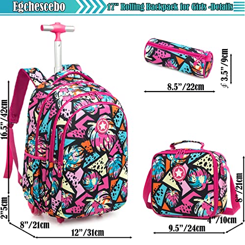 Egchescebo Girls Rolling Backpacks with Wheels 3PCS Feather Backpack Set for School Wheeled Luggage Suitcase Lunch Box Pencil Case Large Capacity Bookbag Adjustable Trolley for Elementary Travel Red