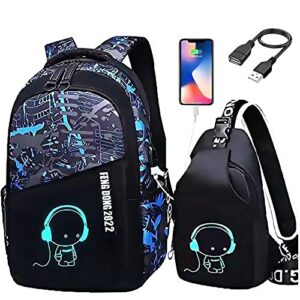 edossa backpack for boys, 15.6 laptop backpack with usb charging port, bookbag for school,messenger bag,teens backpack, cool backpack school, backpack for girls/boys,luminous backpack，anime backpack.