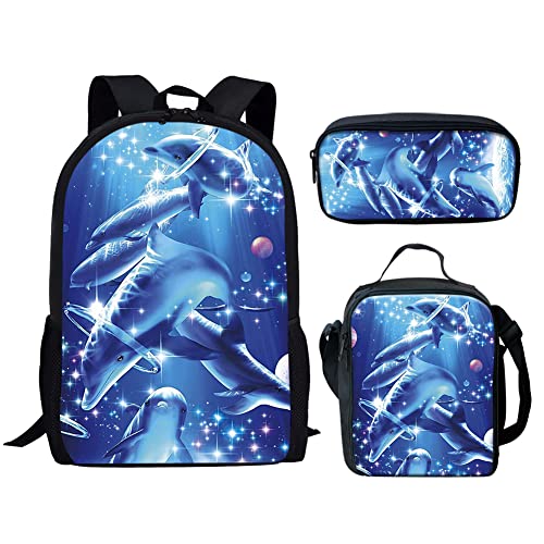 HUGS IDEA Blue Dolphin Print 3Pcs Backpack for Girls Kids School Bags Set with Lunch Box Pencil Case Student Bookbag Outdoor Daypack