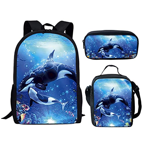 HUGS IDEA Orca Killer Whale Print 3Pcs School Backpacks Set for Girls Schoolbags with Lunch Box Pencil Case Bookbags Casual Daypack 3 in 1