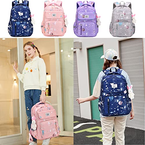 Cute Girls Backpack, Bunny School Backpack for Teen Girls, Elementary Middle Bookbag Galaxy Outdoor Aesthetic Schoolbag, Pink