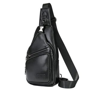 genuine leather sling bag, metal buckle crossbody bags shoulder cross chest pack small travel backpack for men and women black