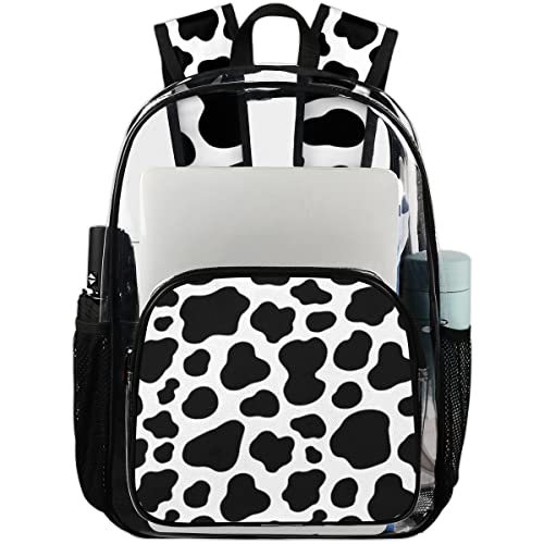 bisibuy Cow Print White And Black Clear Backpack Stadium Approved Heavy Duty PVC Transparent Backpacks Large See Through Bag for Work Travel Sports Events Concerts