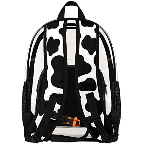 bisibuy Cow Print White And Black Clear Backpack Stadium Approved Heavy Duty PVC Transparent Backpacks Large See Through Bag for Work Travel Sports Events Concerts