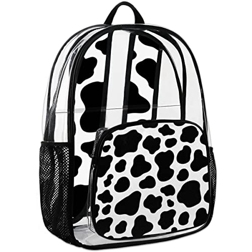 bisibuy Cow Print White And Black Clear Backpack Stadium Approved Heavy Duty PVC Transparent Backpacks Large See Through Bag for Work Travel Sports Events Concerts