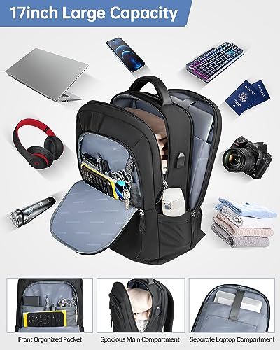 17 Inch Laptop Backpack for Men, TSA Approved Large Computer Backpack with USB Charging Port, Water Resistant Travel Business Backpack for Women, Anti Theft Carry on Daypack College Office Bag, Black