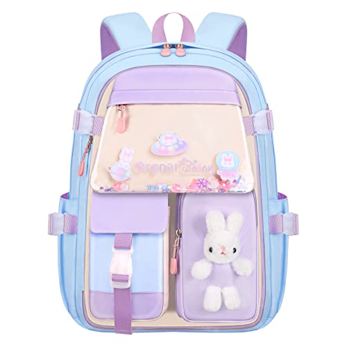 Moonmo Kids Backpack Kawaii Girls Backpacks Elementary Bookbags with Compartments Middle School Bags Women Casual Daypacks (Blue Rabbit, Large)