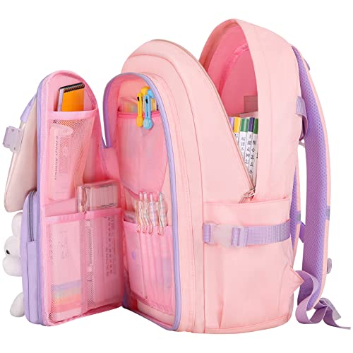 Moonmo Kids Backpack Kawaii Girls Backpacks Elementary Bookbags with Compartments Middle School Bags Women Casual Daypacks (Blue Rabbit, Large)