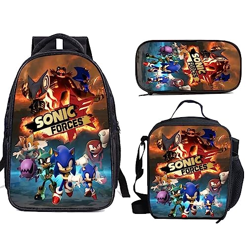 IKBAGVBK Anime Super 3 Piece Kids Backpack Set，Superhero Knuckles Boys Girls Study Schoolbag，Hedgehog Bookbag with Lunch Box & Pencil Case Combo Set