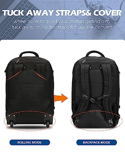 Hynes Eagle Rolling Backpack 42L Backpack with Wheels Airline Approved Carry on Luggage Laptop Travel Backpack for Women Men Black-2023