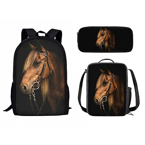 Yuuxorilu Girls Horse Backpack Elementary School with Lunchbox Book Bags for Teenage Girls Boys with Pencil Case 3 Pack Water Resistant School Bag with Drinks Side Pocket Back to School Gifts