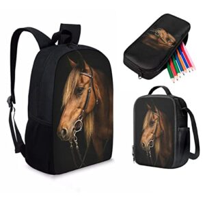 Yuuxorilu Girls Horse Backpack Elementary School with Lunchbox Book Bags for Teenage Girls Boys with Pencil Case 3 Pack Water Resistant School Bag with Drinks Side Pocket Back to School Gifts