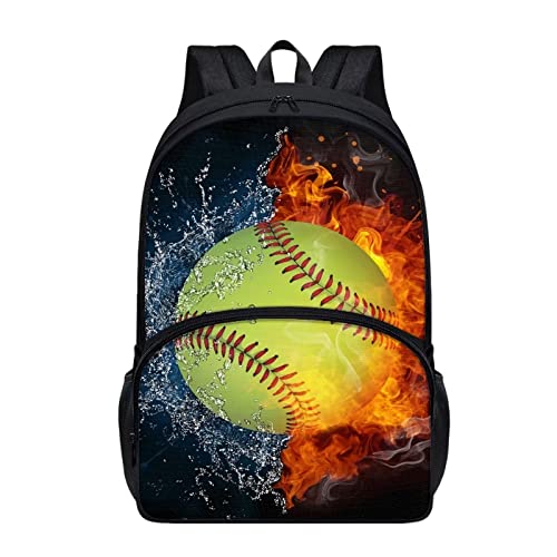 Talayituse Softball Print School Shoulder Bag for Teen Girls Boys Water and Fire Design Bookbag Backpack with Front Zipper Pocket