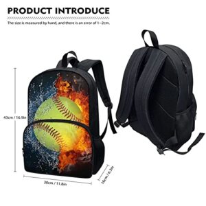 Talayituse Softball Print School Shoulder Bag for Teen Girls Boys Water and Fire Design Bookbag Backpack with Front Zipper Pocket