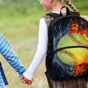 Talayituse Softball Print School Shoulder Bag for Teen Girls Boys Water and Fire Design Bookbag Backpack with Front Zipper Pocket