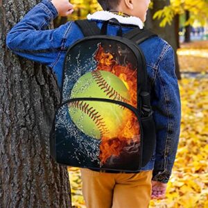 Talayituse Softball Print School Shoulder Bag for Teen Girls Boys Water and Fire Design Bookbag Backpack with Front Zipper Pocket